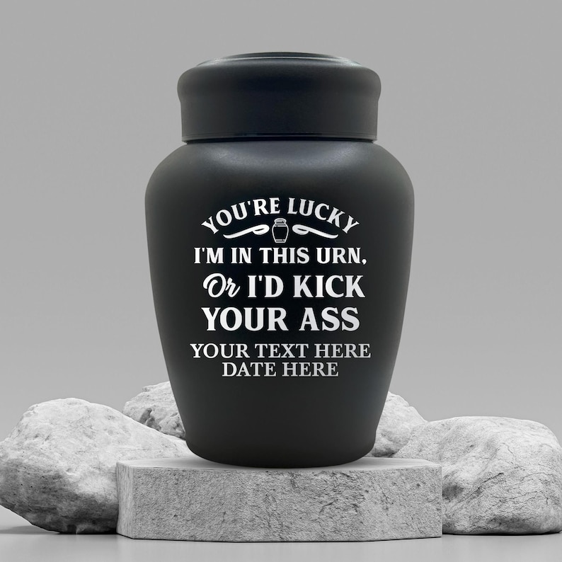 Funny Quote Cremation Urn, Silver Engraved Black Stainless Steel ...