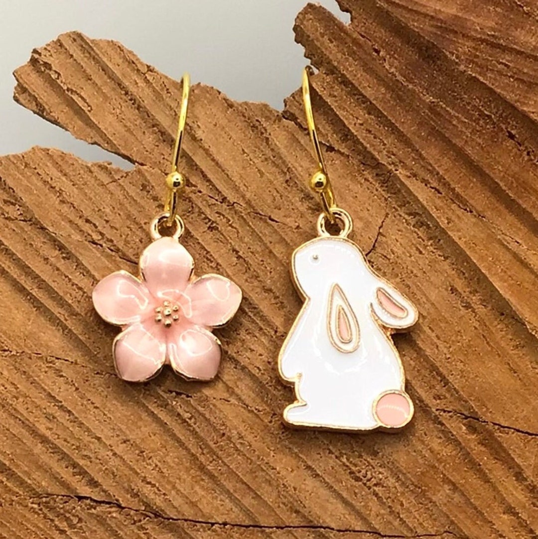 Bunny Earrings, Mismatched Bunny Earrings, Bunny and Flower Earrings ...