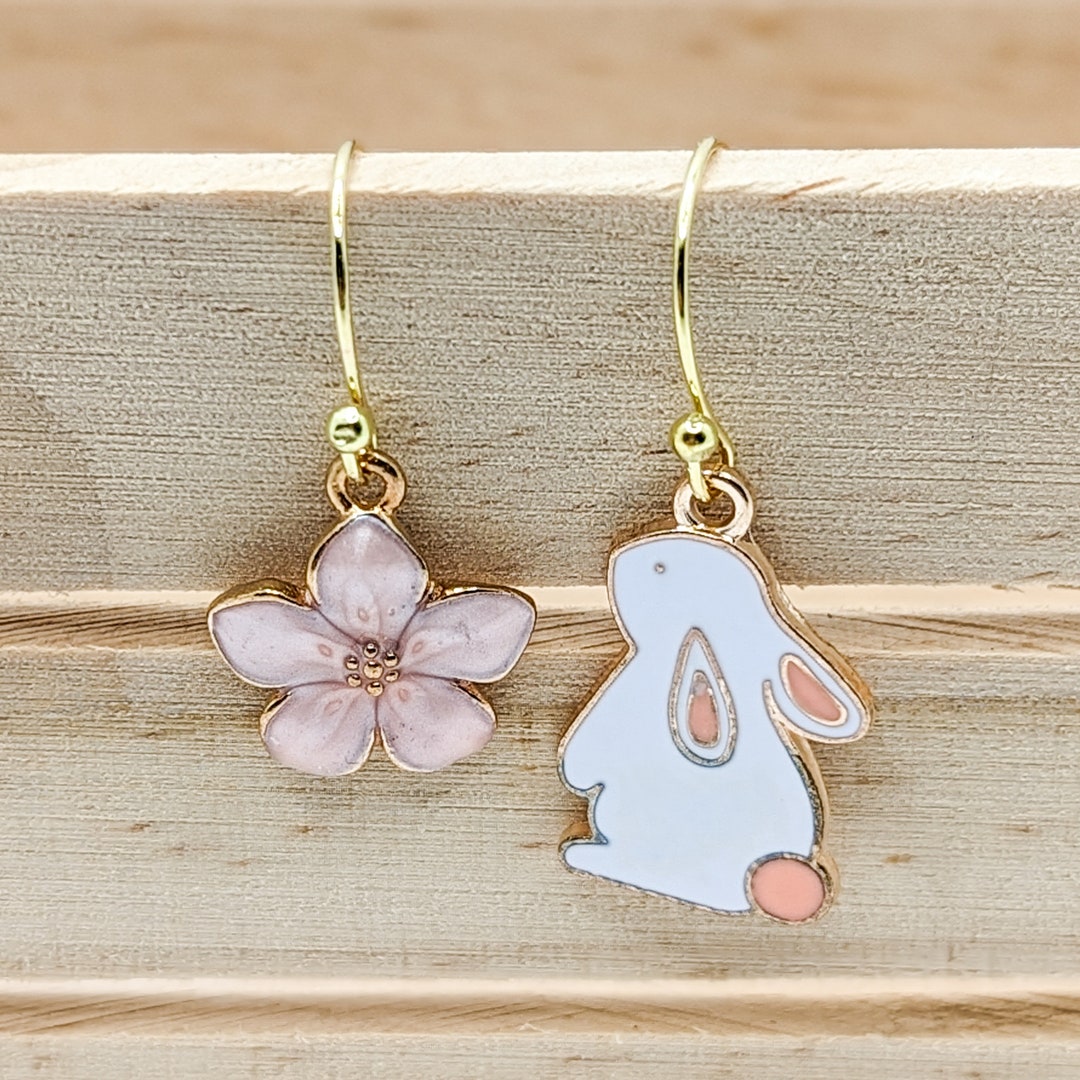 Bunny Earrings, Mismatched Bunny Earrings, Bunny and Flower Earrings ...