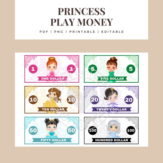 PRINCESS Pretend Money Kids Play Printable Editable - Etsy