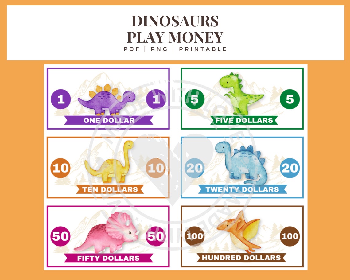 Dinosaurs Pretend Money Kids Play Printable Editable PNG - Etsy