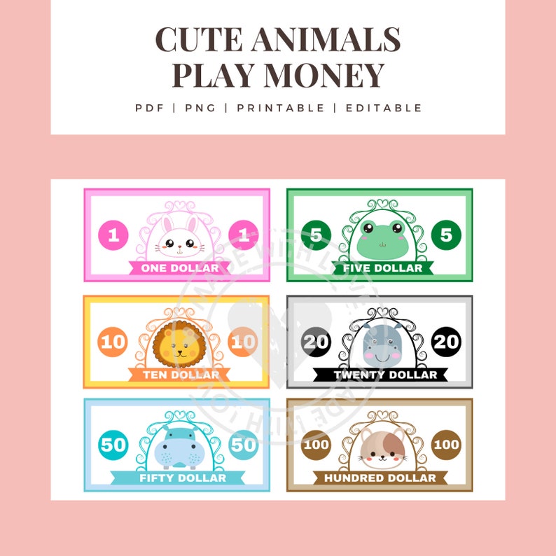 Pretend Money Kids Play Printable Editable - Etsy