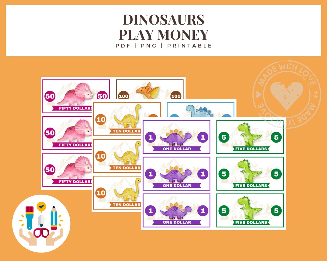 Dinosaurs Pretend Money Kids Play Printable Editable PNG - Etsy