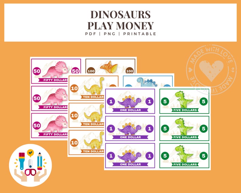 Dinosaurs Pretend Money Kids Play Printable Editable PNG - Etsy