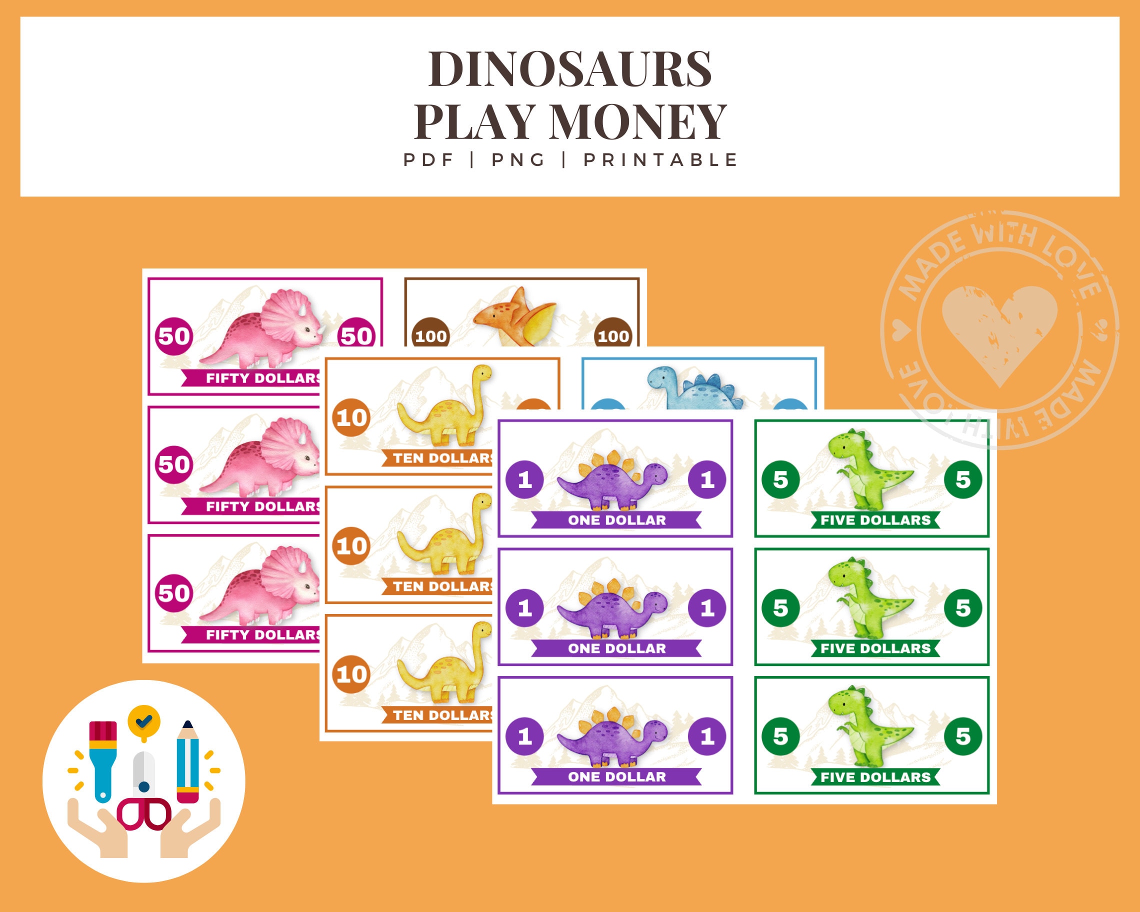 Dinosaurs Pretend Money Kids Play Printable Editable PNG - Etsy