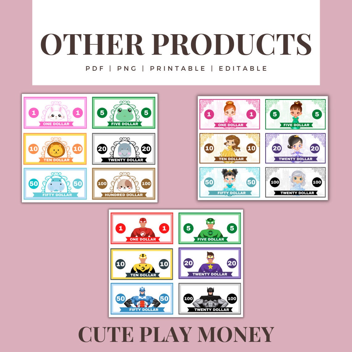 Pretend Money Kids Play Printable Editable - Etsy