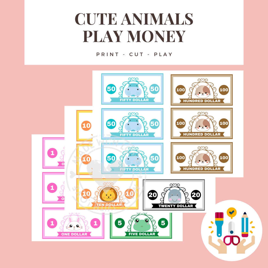 Pretend Money Kids Play Printable Editable - Etsy