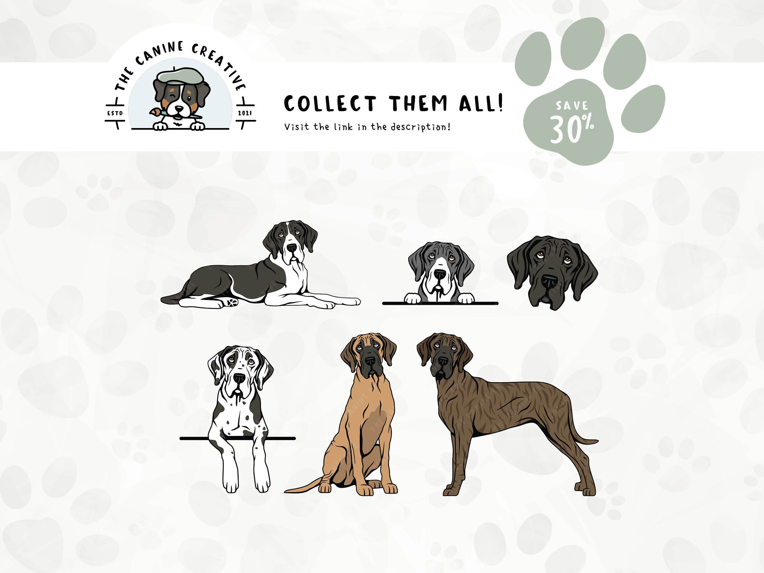 Great Dane SVG Natural Floppy Ears, Peeking Dog Clipart #1, Hand Drawn ...