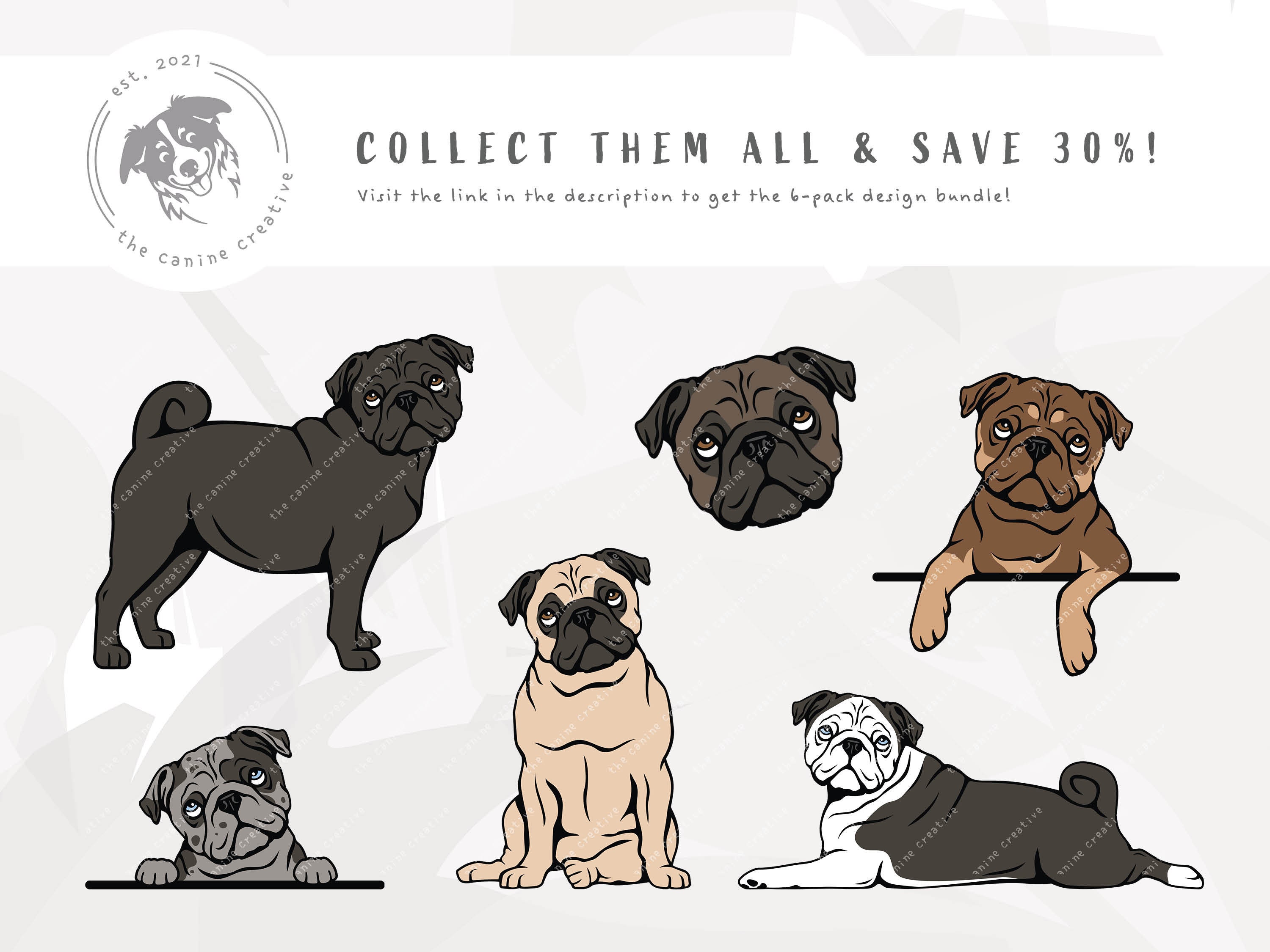Pug Face SVG, Pug Head Clip Art, Fawn Pug Illustration, Black Pug Art ...