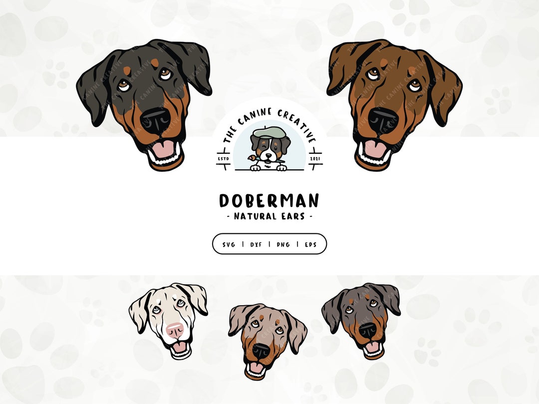 Doberman Art, Dog Face SVG, Natural Ears Dobie Clipart, Dobe Dog Breed ...