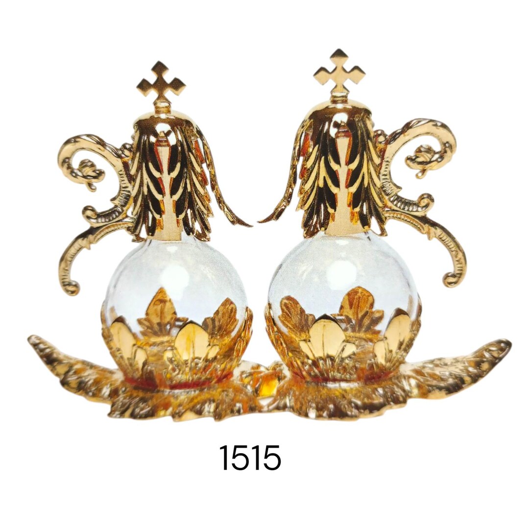 Pair of Gold-plated Cruets for Mass With Tray | Set of Glass Water and ...
