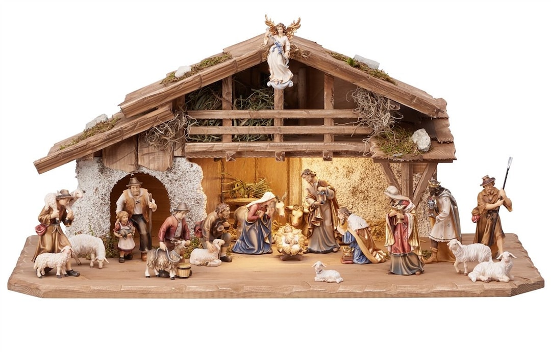 Complete Wooden Nativity Scene Set With Alpine Hut and Light Consisting ...