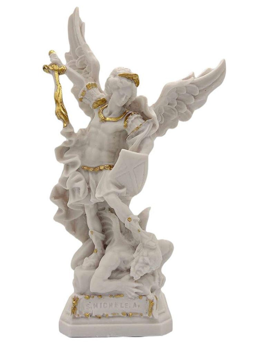 7" White Marble Statue of St. Michael the Archangel With Gold Details ...