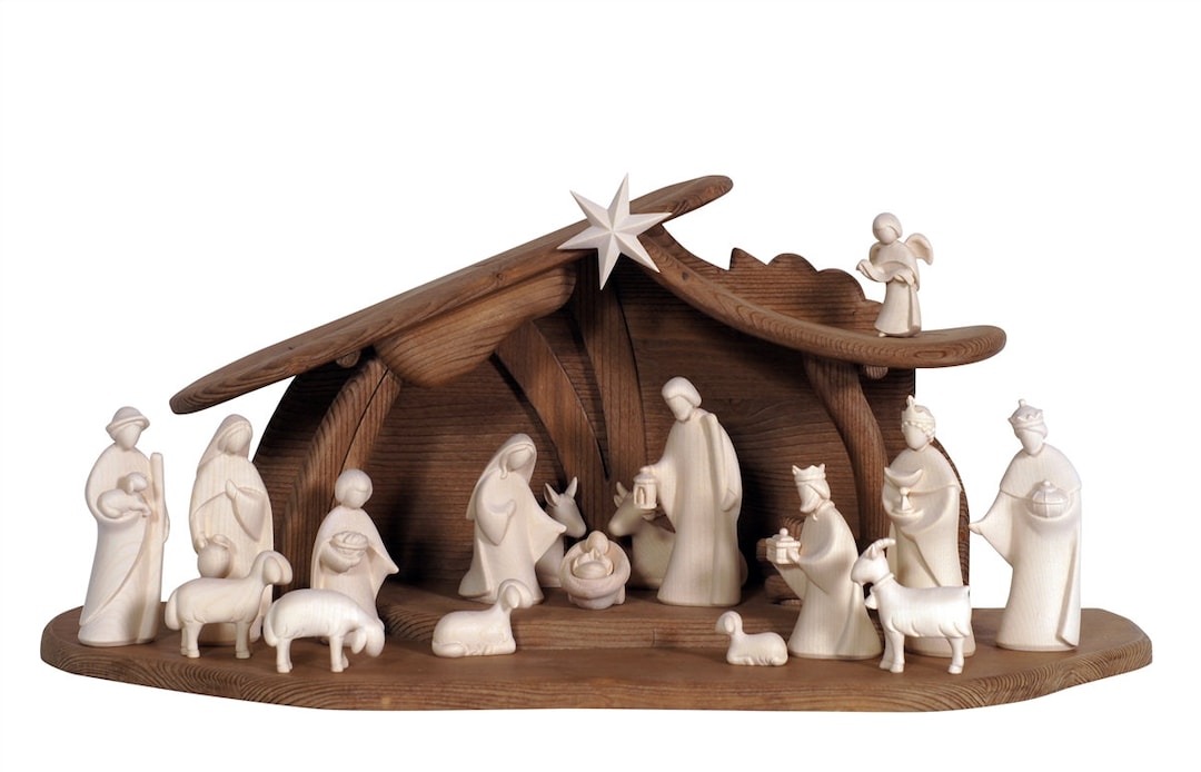 Nativity Set in Maple Wood, Complete Wooden Nativity Scene With Hut in ...
