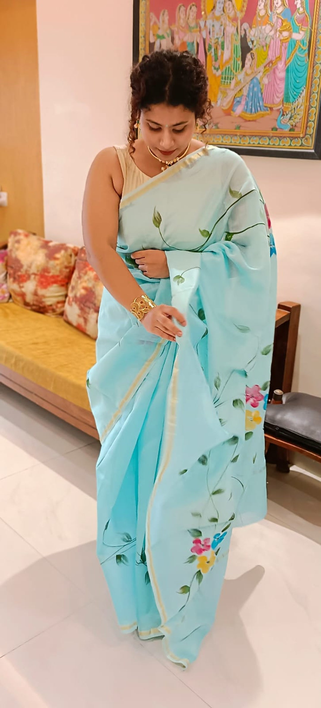 Floral Chanderi Cotton Hand Designed Saree/ Hand Painted Saree - Etsy