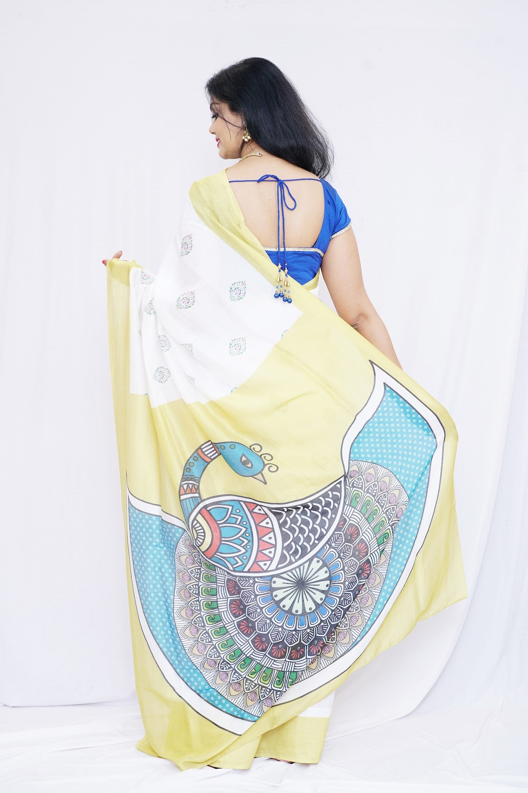 Mandala Art Bule Peacock Printed Chanderi Saree Peacock Printed Saree ...