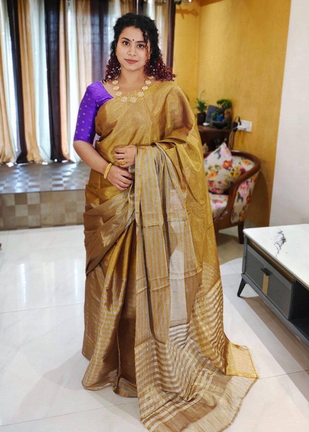 Gold & Silver Handwoven Soft Tissue Silk Saree Contemporary Tissue Silk ...