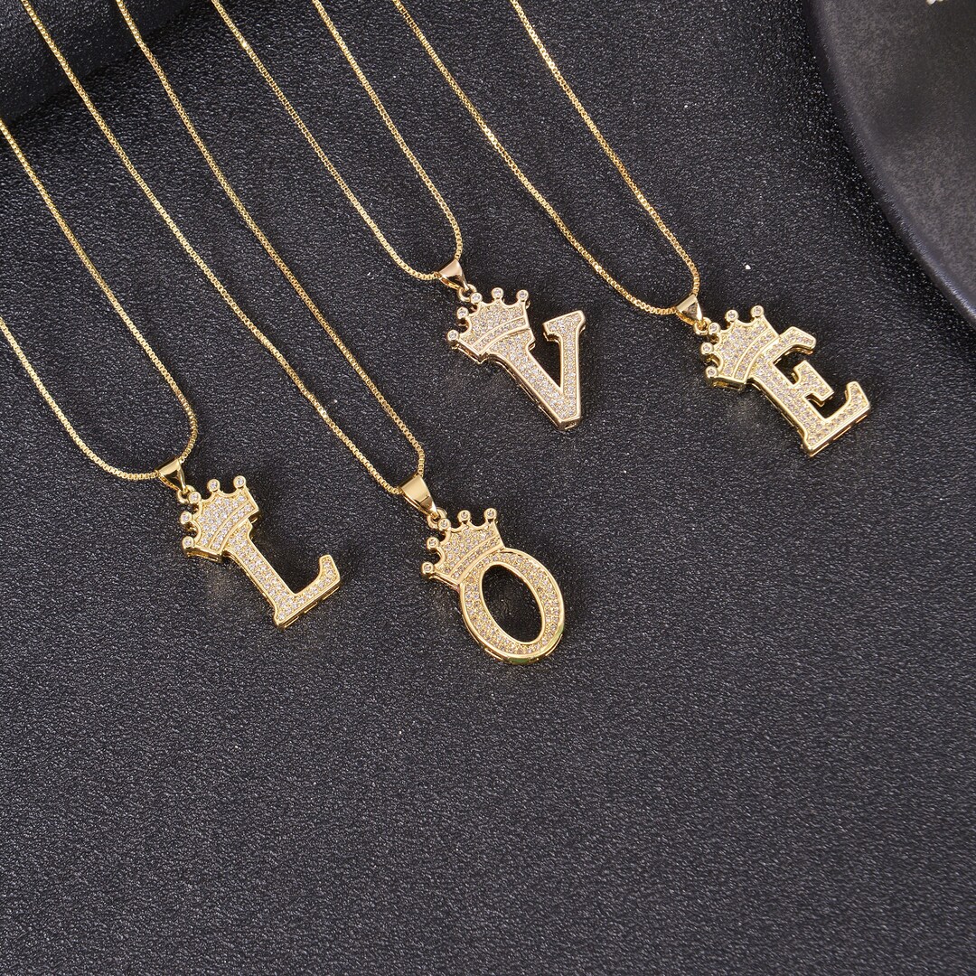 Diamond Crown Initial Necklace: Custom Stainless Steel Alphabet Pendant ...
