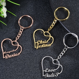 Personalized Two Names Double Heart Name Keychain | Custom Name Key Chain | Multiple Name Heart ...