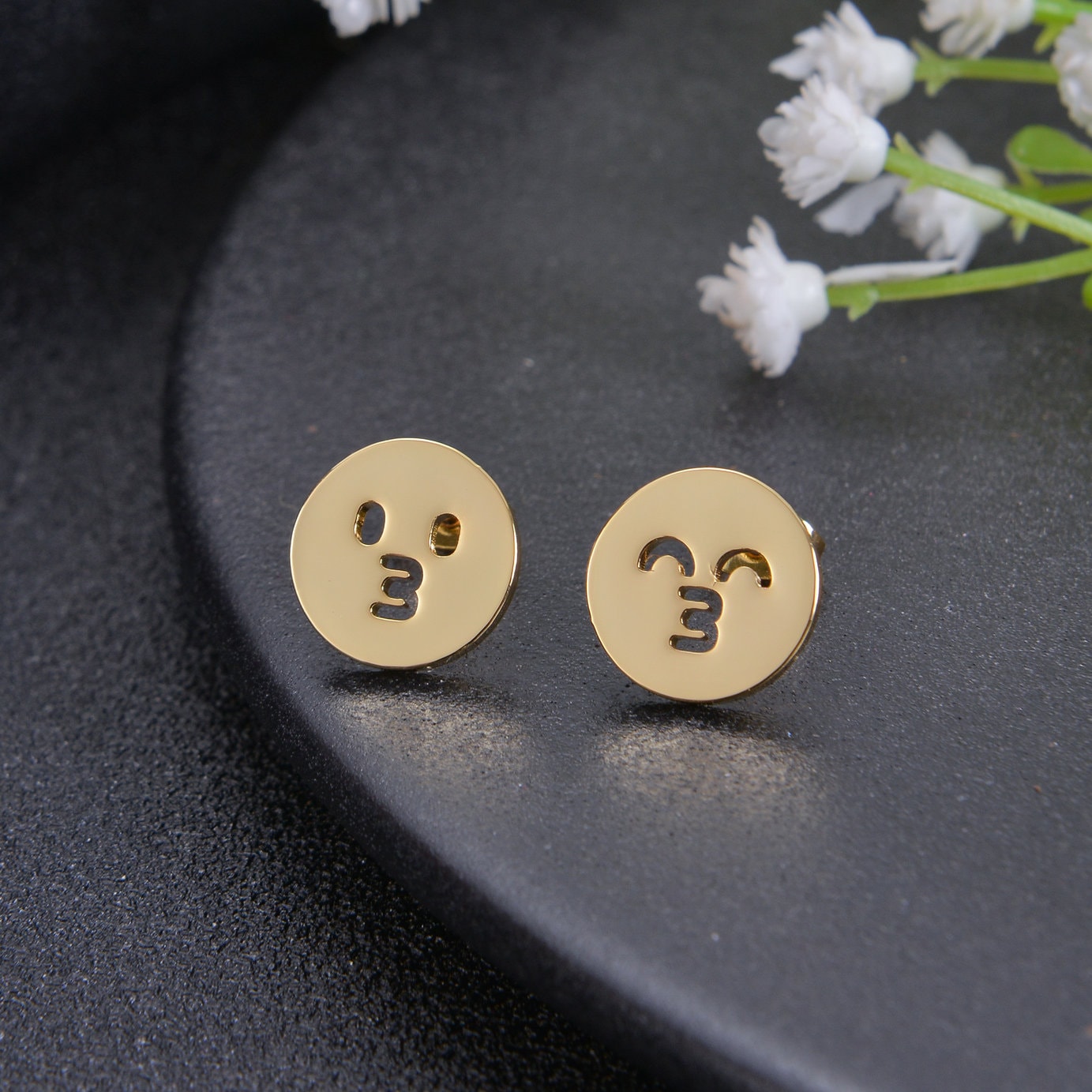 Emoji Earrings Stud in Gold Silver & Rose Gold Smiley Face - Etsy