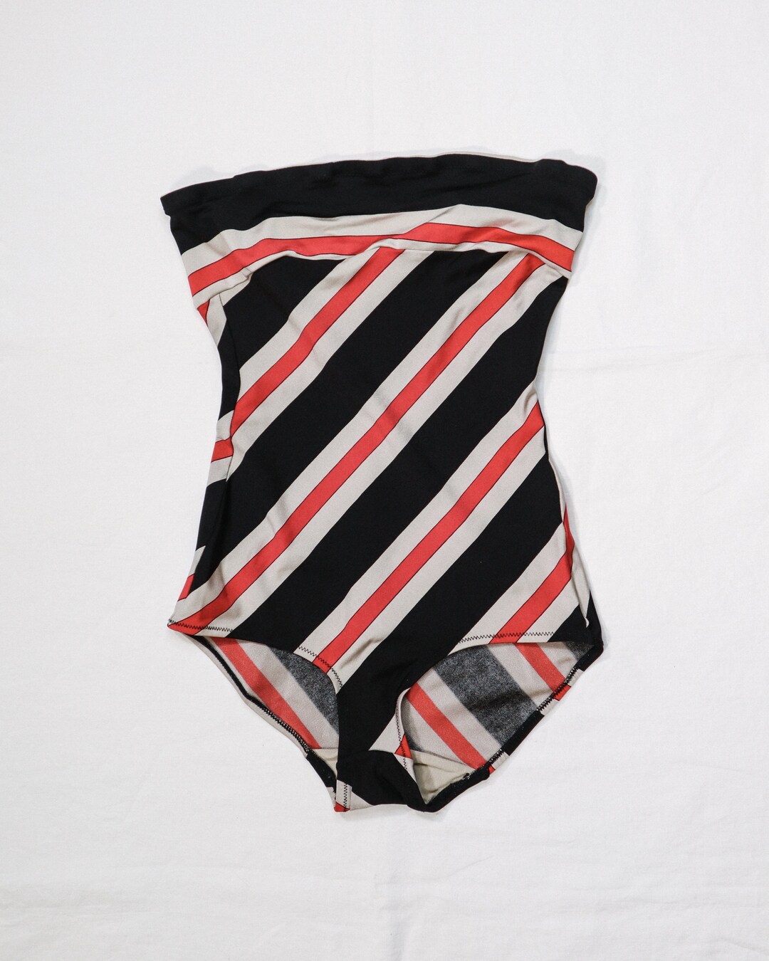 Vintage 1970s Red & Black Striped Strapless One-piece Bathing Suit ...