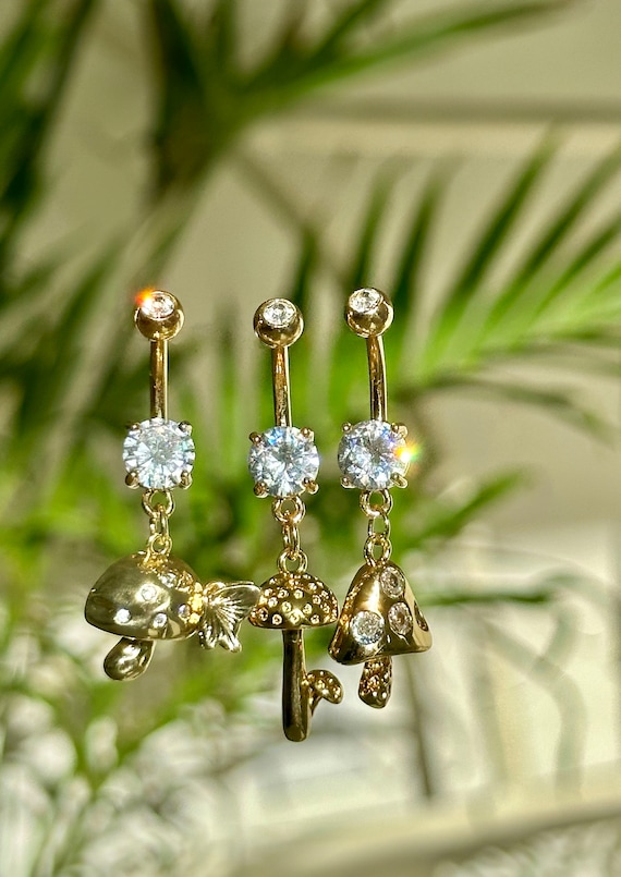 High Quality Belly Ring w 14k Gold Filled Mushroom Charm Dangle
