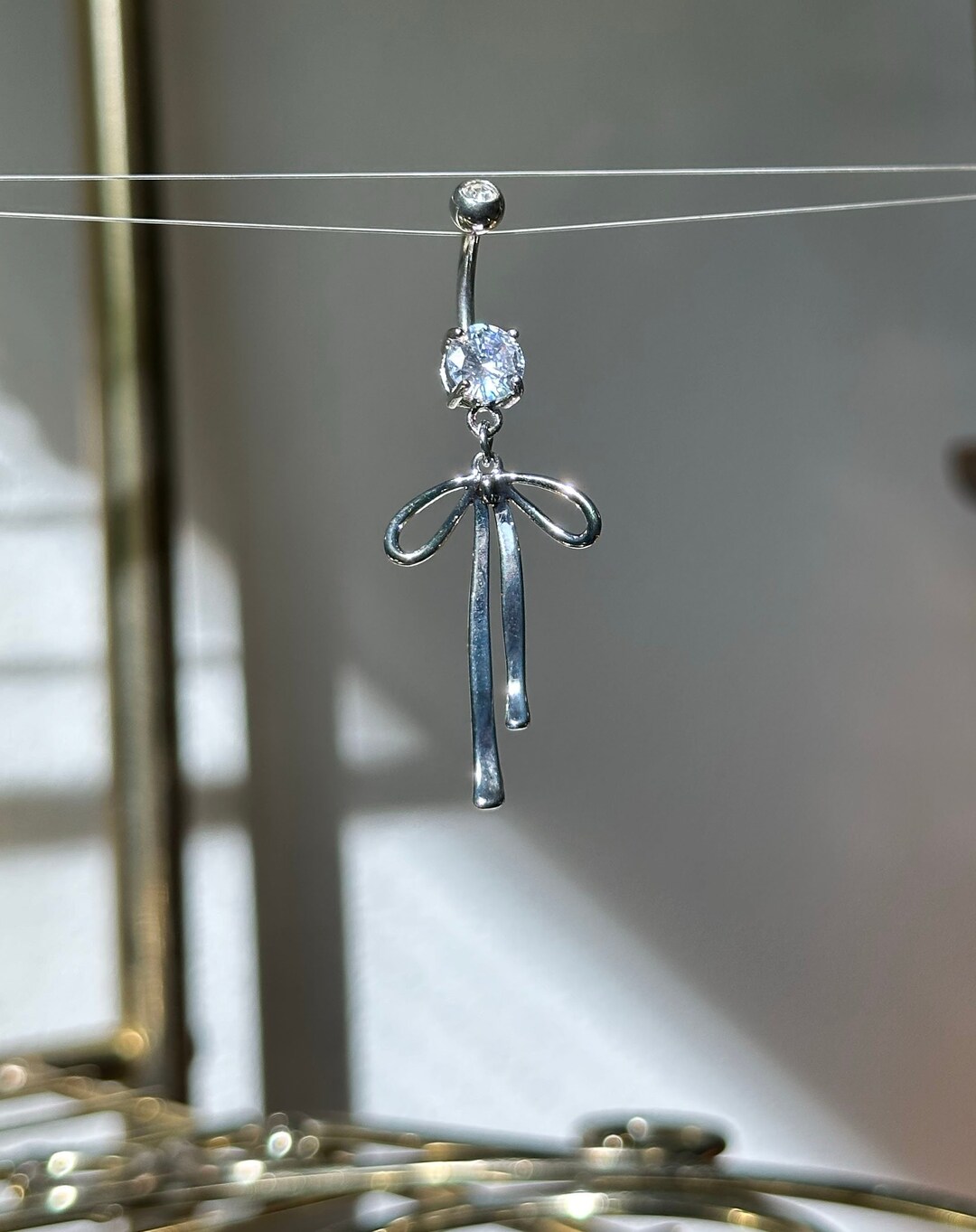 Coquette Aesthetic Silver Bow Dangle Belly Ring Surgical Steel W/14k ...