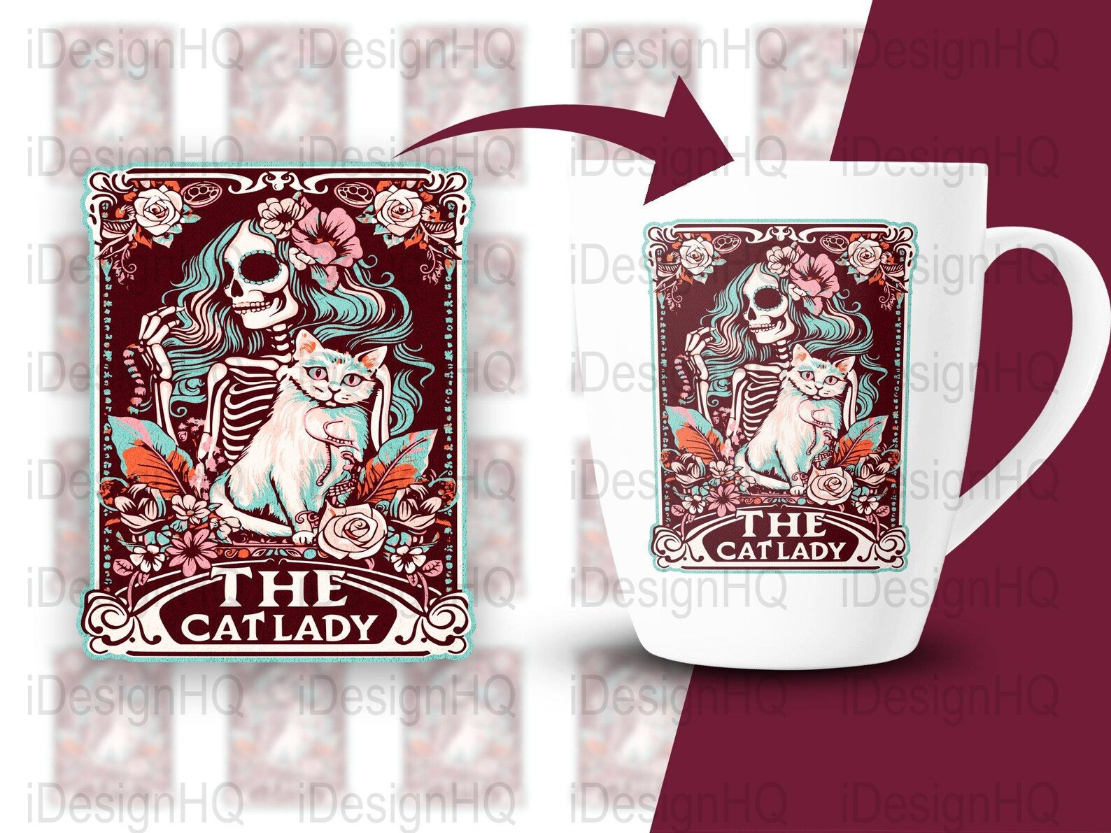The Cat Lady Tarot Card PNG, Vintage Cat Lady Poster, Skull Art, Floral ...