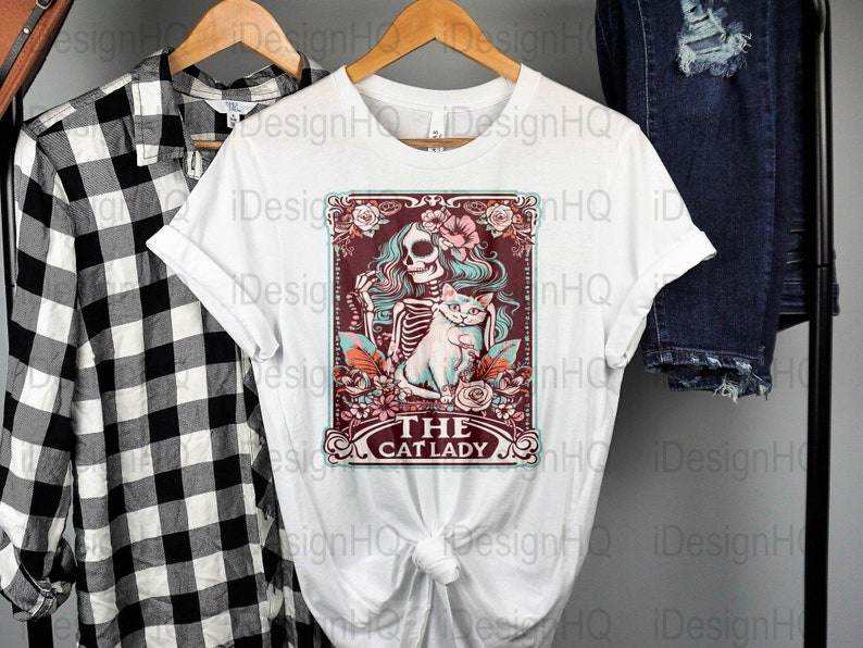 The Cat Lady Tarot Card PNG, Vintage Cat Lady Poster, Skull Art, Floral ...