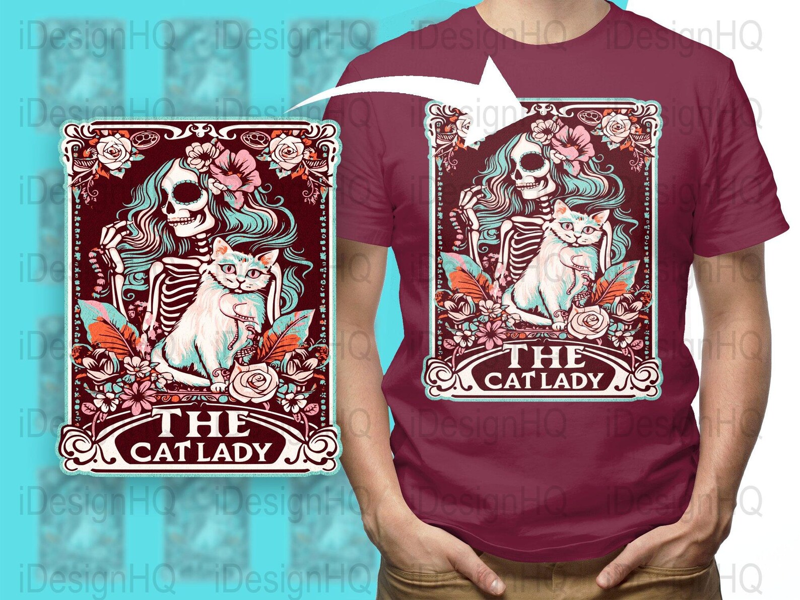 The Cat Lady Tarot Card PNG, Vintage Cat Lady Poster, Skull Art, Floral ...