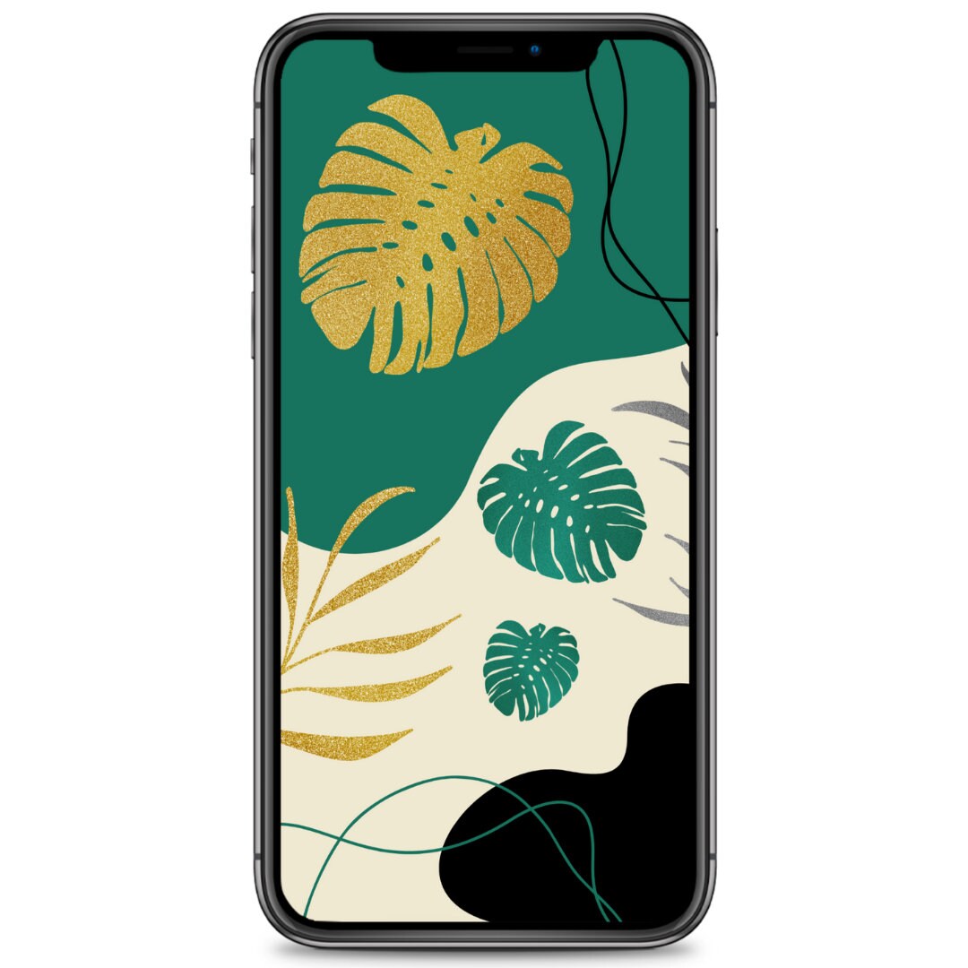 Boho Phone Wallpaper Art, Monstera Leaves, Botanical Abstract Gold ...