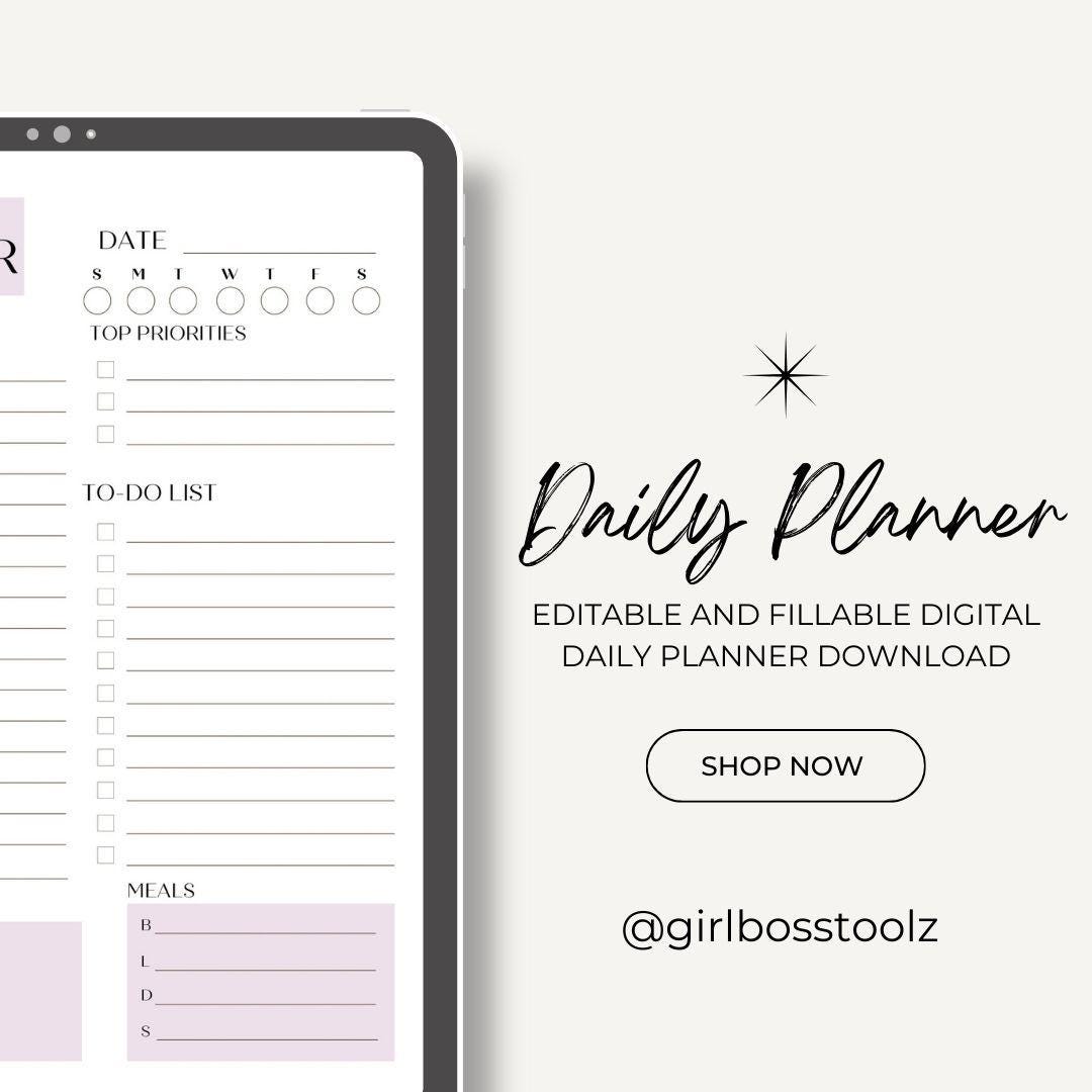 Editable Daily Planner Printable Pink, Digital Planner, Hourly Planner ...
