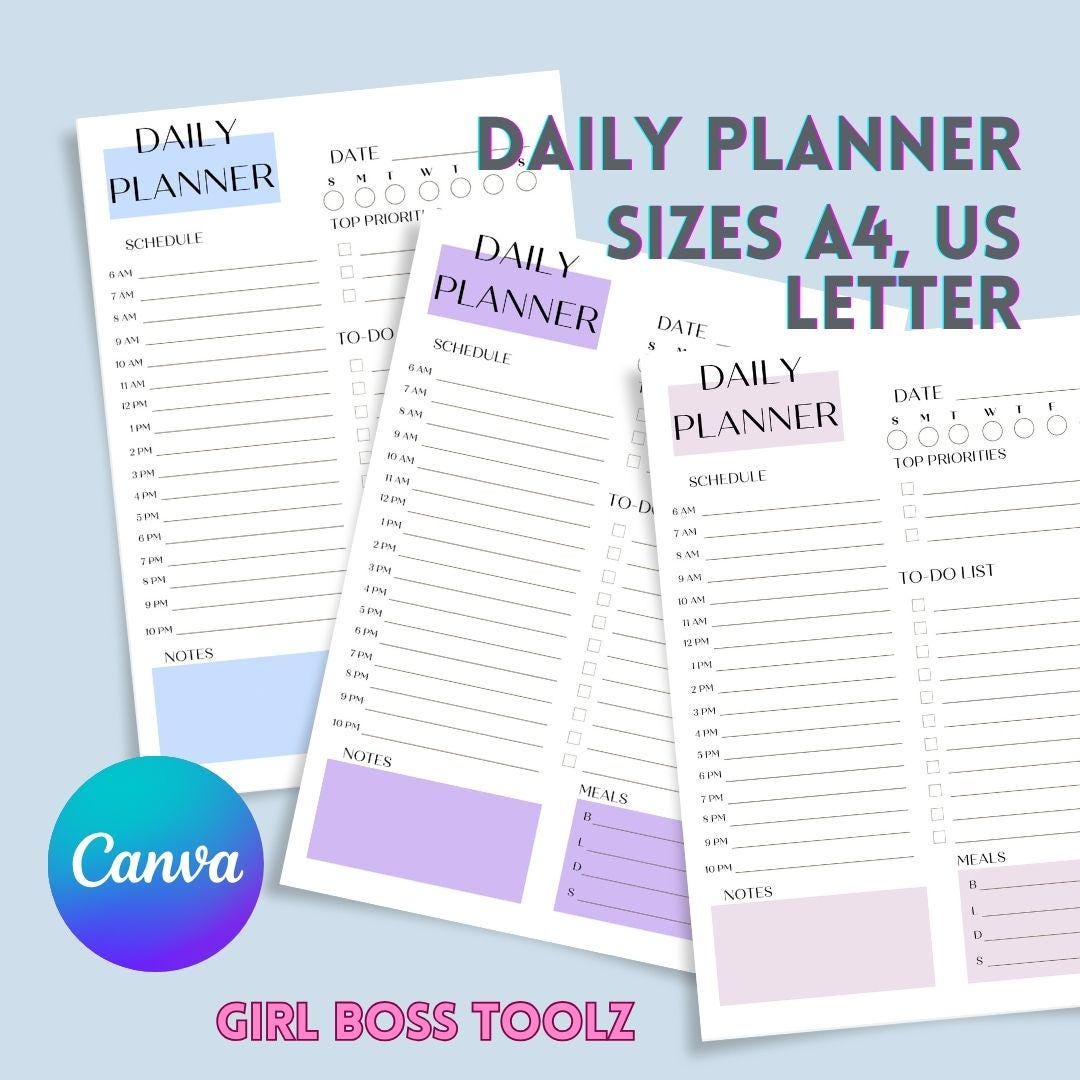 Editable Daily Planner Template Canva, Digital Planner, Hourly Planner ...
