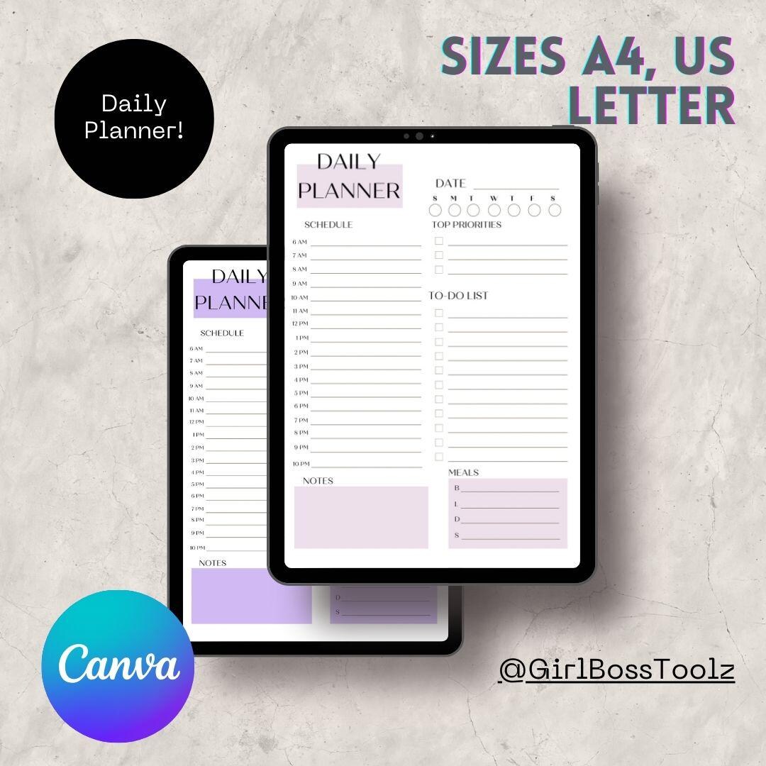 Editable Daily Planner Template Canva, Digital Planner, Hourly Planner ...