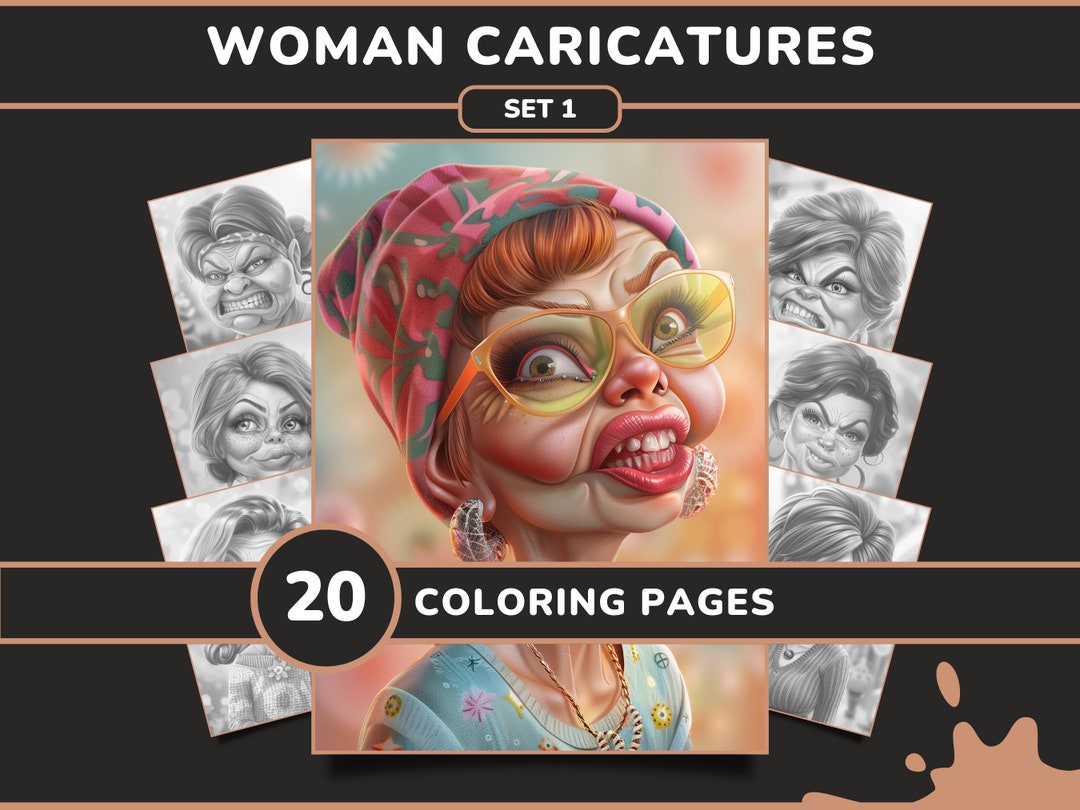 20 Woman Caricatures Coloring Pages for Adults - Set 1 | Funny Women ...