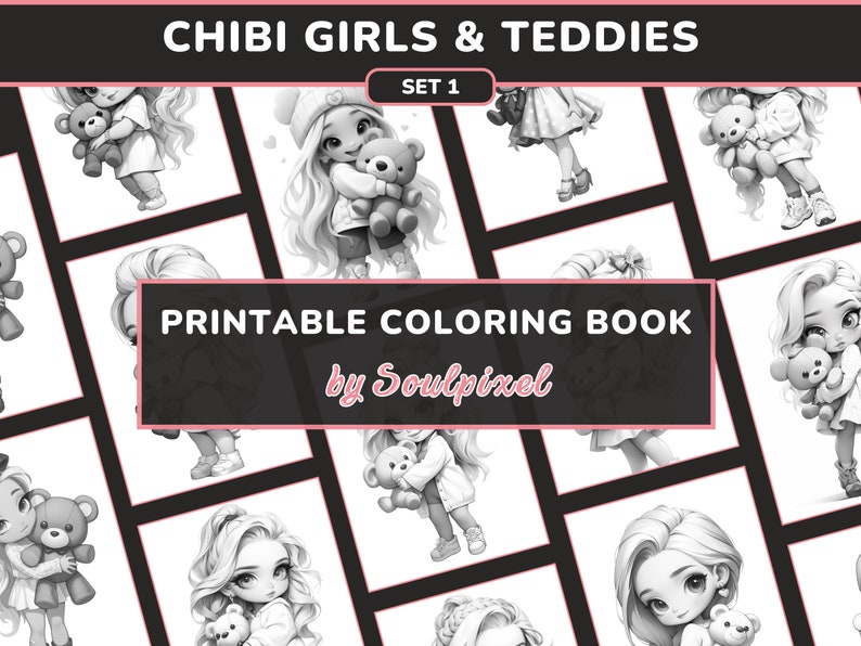 20 Chibi Girls & Teddies Coloring Pages for Adults Set 1 Adorable Cute ...