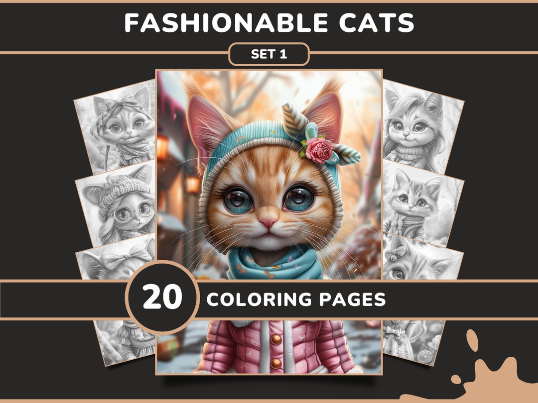 20 Fashionable Cats Coloring Pages for Adults - Set 1 | Cute Fantasy ...