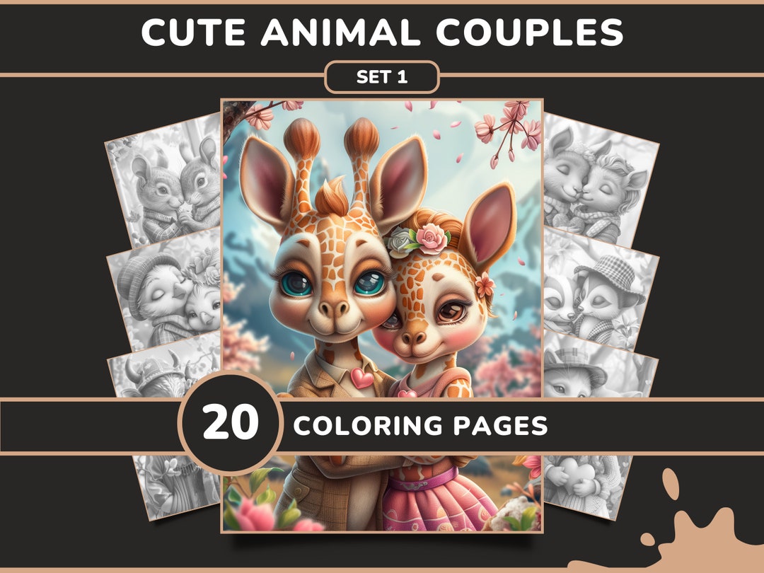 20 Cute Animal Couples Coloring Pages for Adults Set 1 Critters in Love ...