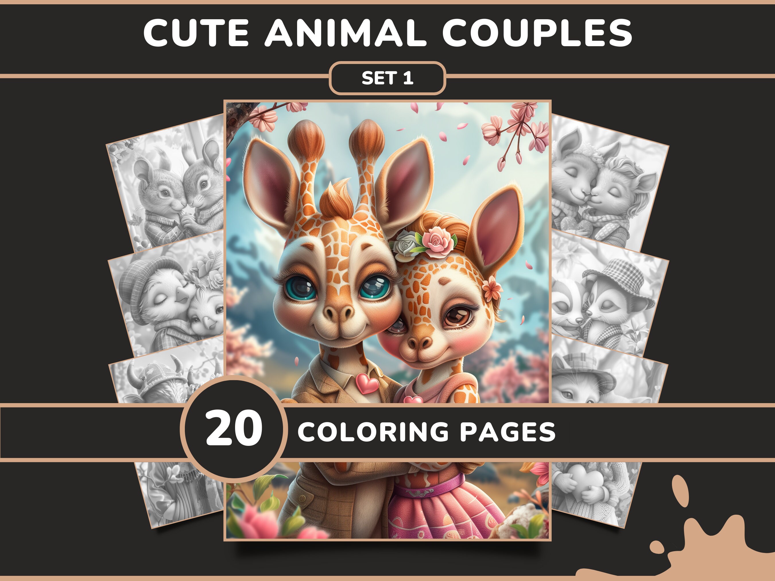 20 Cute Animal Couples Coloring Pages for Adults Set 1 Critters in Love ...
