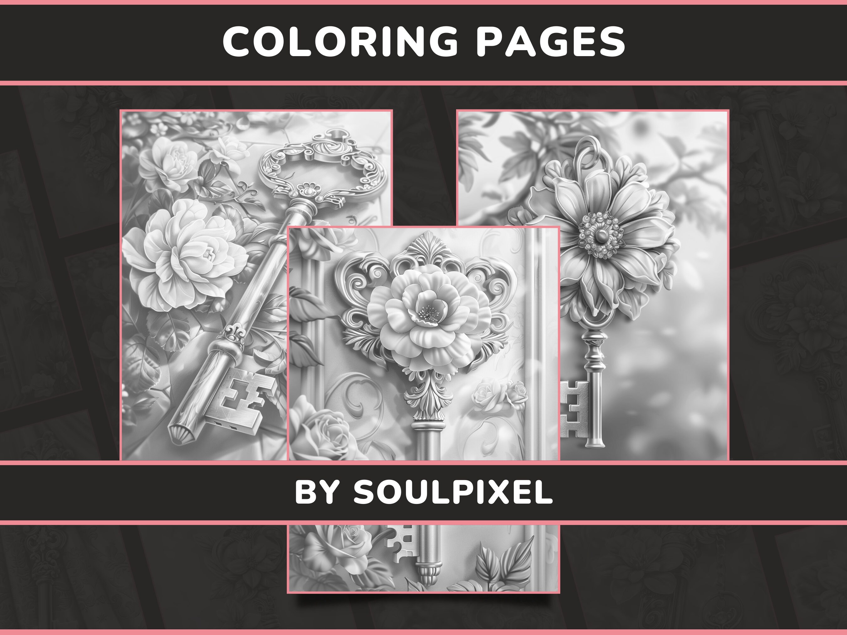 20 Beautiful Keys Coloring Pages for Adults Set 1 Keys and Flower ...