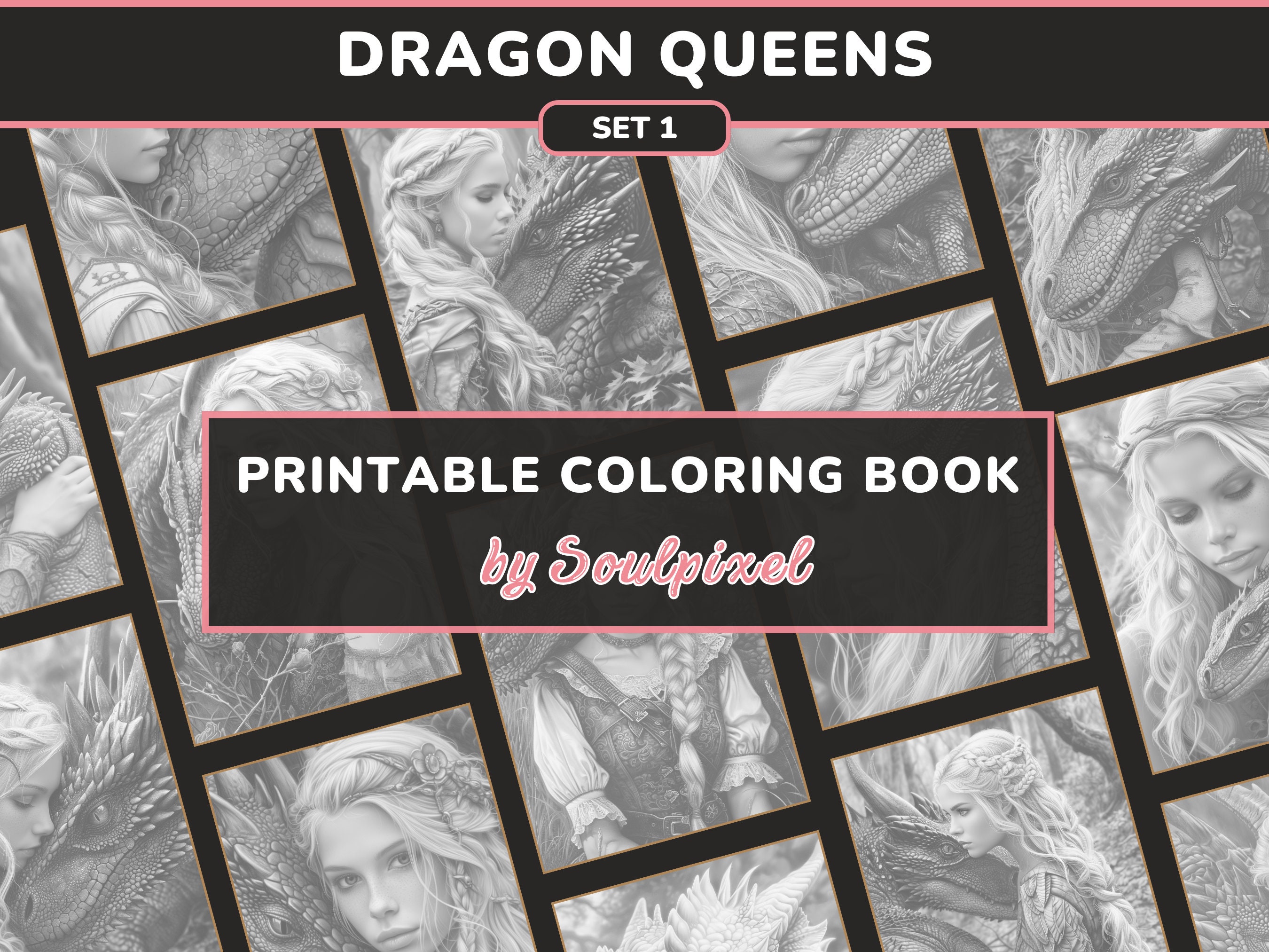 20 Dragon Queens Coloring Pages for Adults Set 1 Fantasy Women and ...