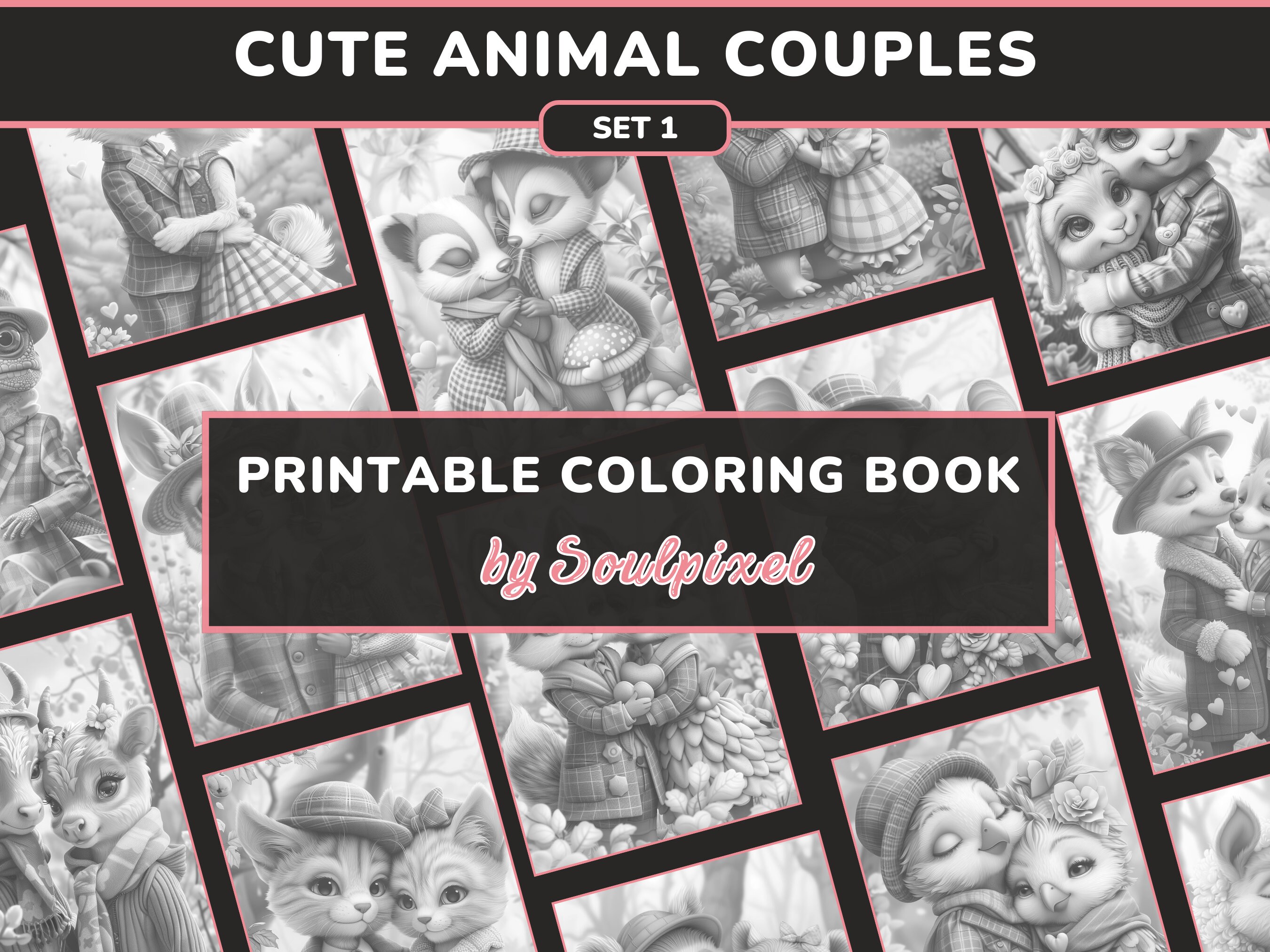20 Cute Animal Couples Coloring Pages for Adults Set 1 Critters in Love ...