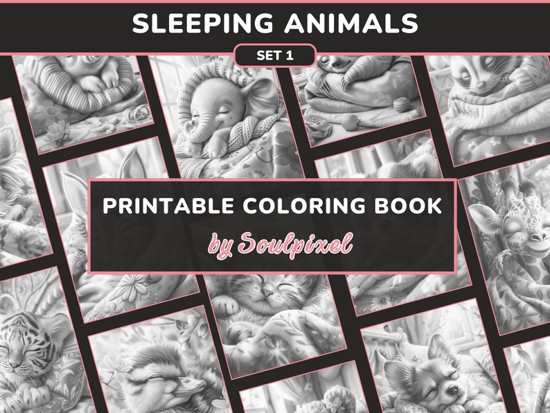 20 Sleeping Animals Coloring Pages for Adults Set 1 Cute Critters ...