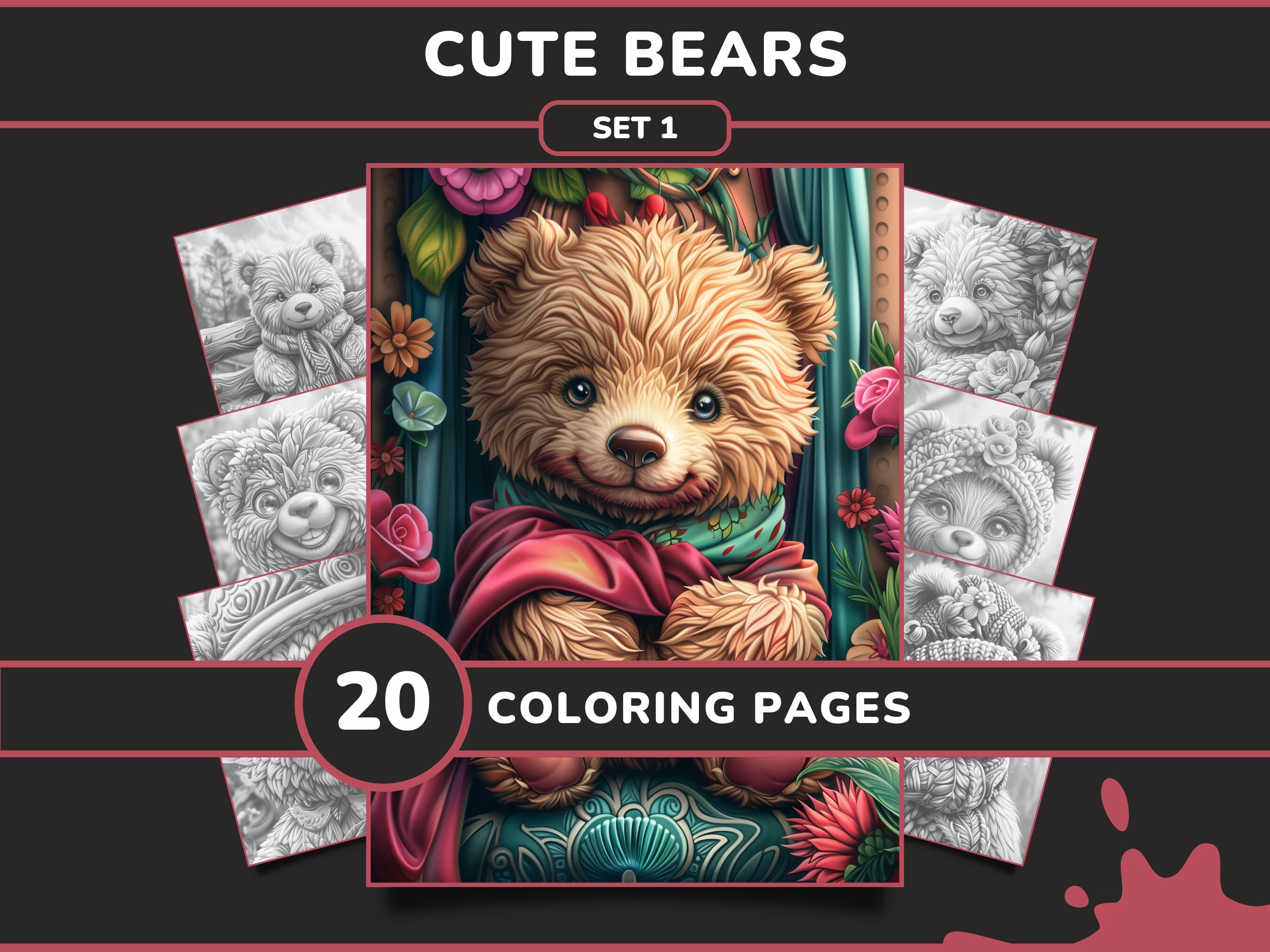 20 Cute Bears Coloring Pages for Adults Set 1 Adorable Teddies, Flower ...