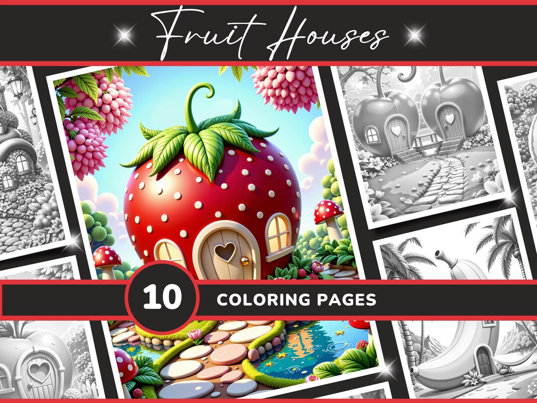 10 Fruit Houses Coloring Pages for Adults - Set 1 | Adorable Fantasy ...