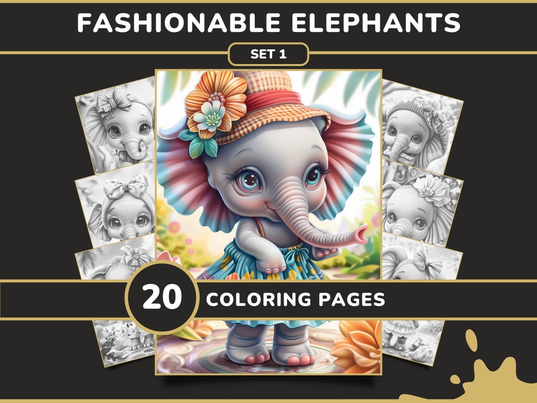 20 Fashionable Elephants Coloring Pages for Adults Set 1 Whimsical Cute ...