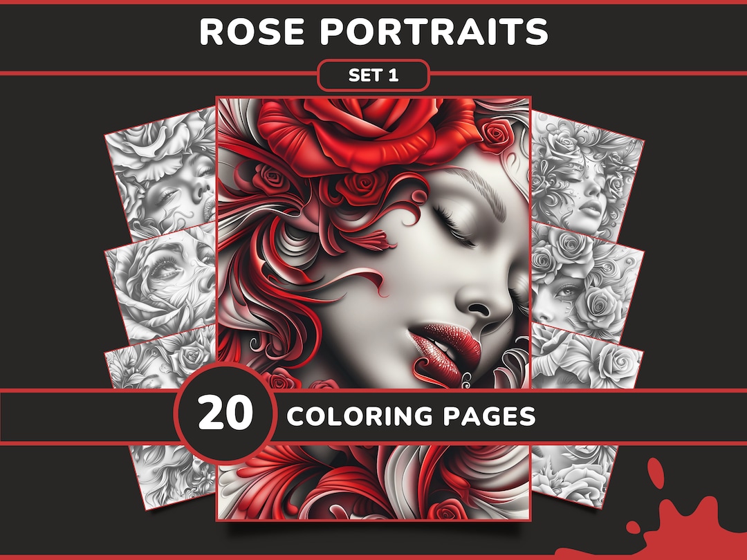 20 Rose Portraits Coloring Pages for Adults - Set 1 | Floral Fantasy ...