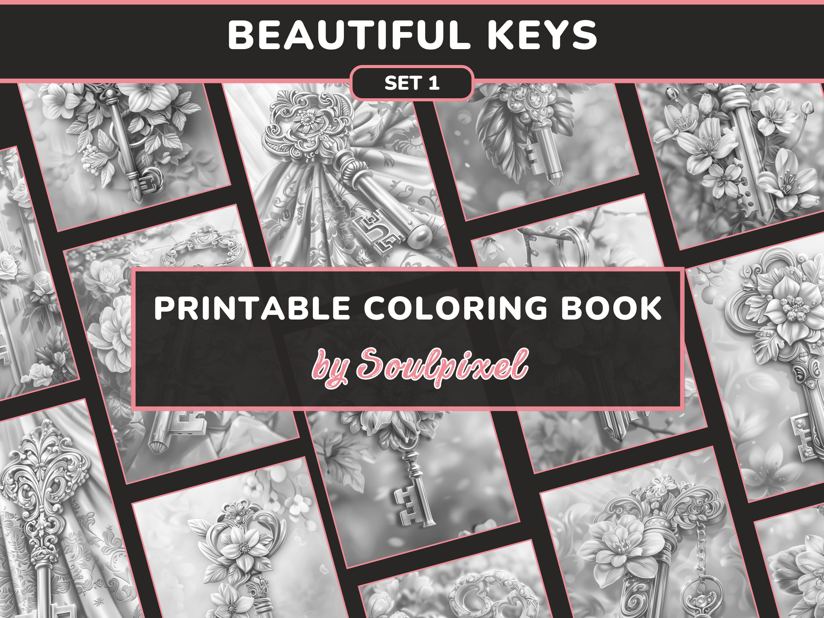 20 Beautiful Keys Coloring Pages for Adults Set 1 Keys and Flower ...