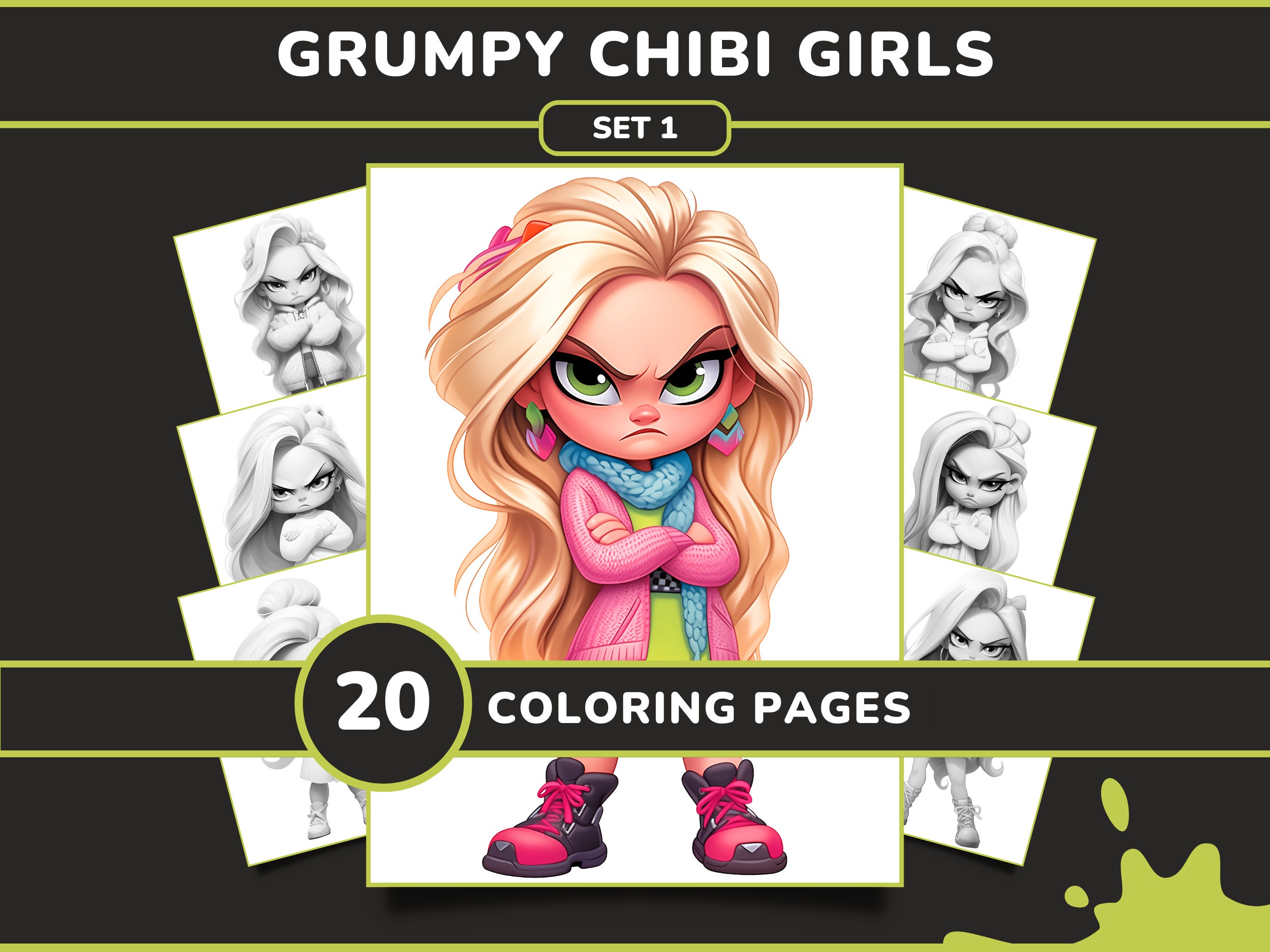 20 Grumpy Chibi Girls Coloring Pages for Adults Set 1 Adorable Funny ...