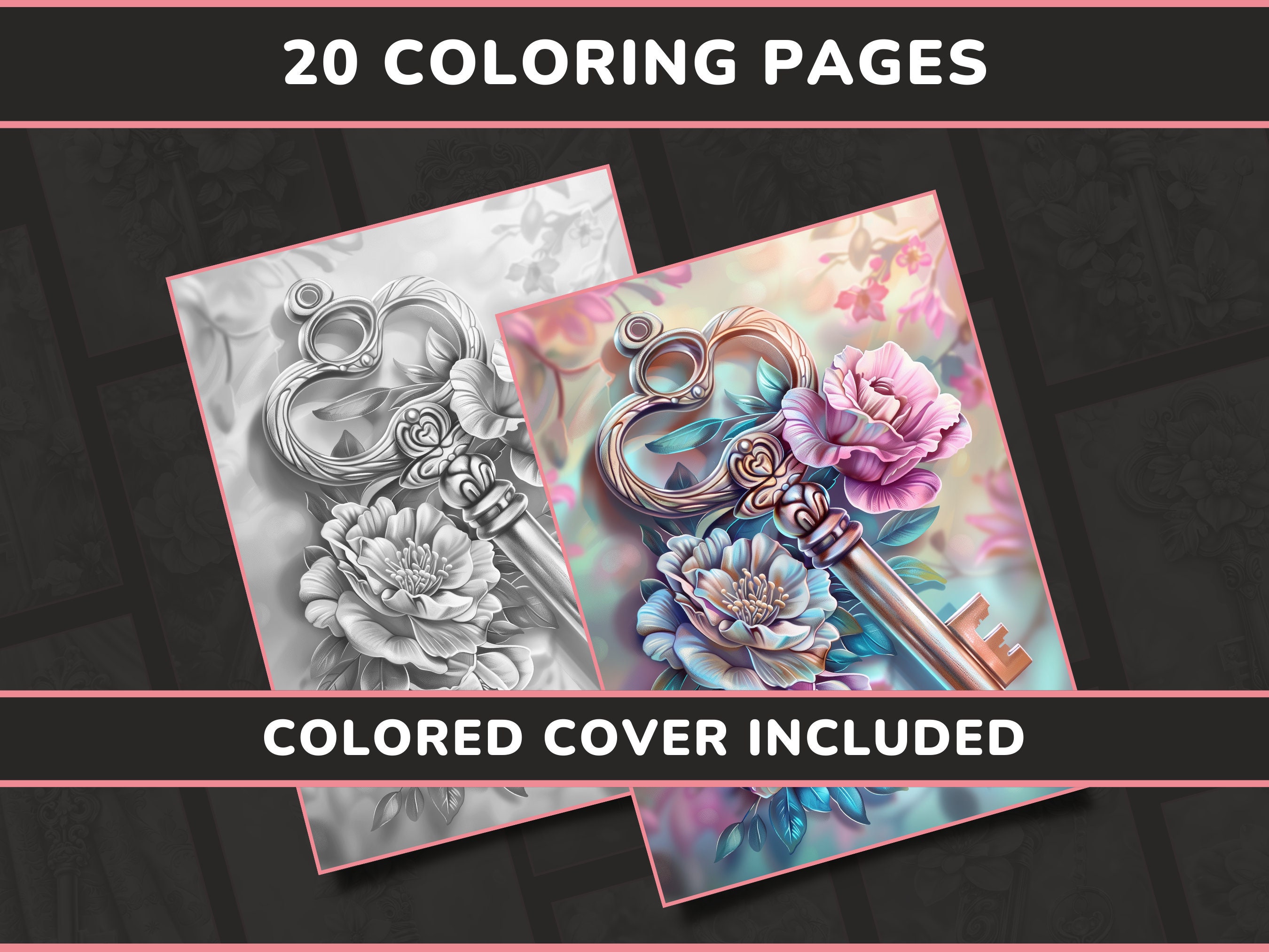 20 Beautiful Keys Coloring Pages for Adults Set 1 Keys and Flower ...